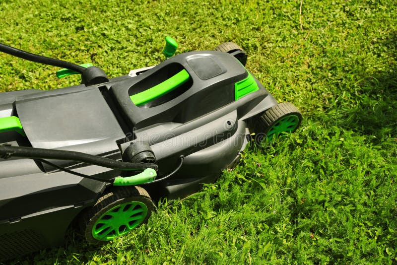 Cutting Green Grass with Lawn Mower in Garden Stock Photo - Image of ...