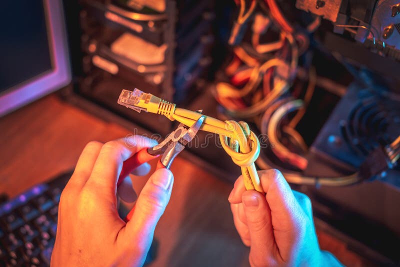 Cutting the Internet Cable Tied into a Knot with Wire Cutters ...