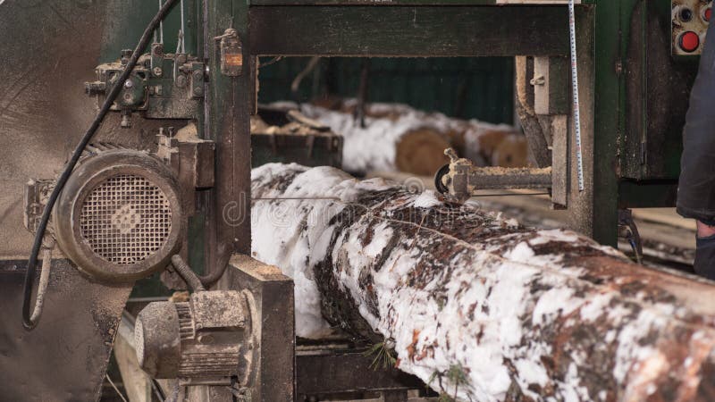 Wood Processing. Cutting Logs on the Boards. in the Winter Process a ...