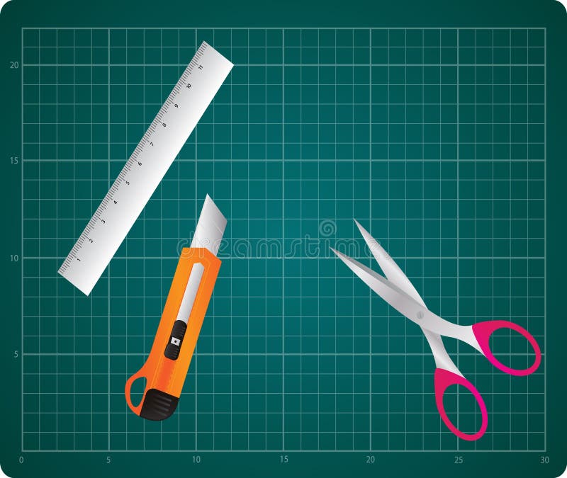 Cutting Mat with Box Cutter, Ruler and Scissors Stock Vector ...