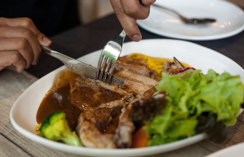 Cutting Medium Pork Chop Steak Dish Stock Photo - Image of grilled ...