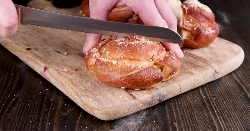 Cutting into Pieces of a Bun with Stuffing Stock Video - Video of meal ...