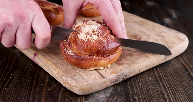 Cutting into Pieces of a Bun with Stuffing Stock Video - Video of meal ...