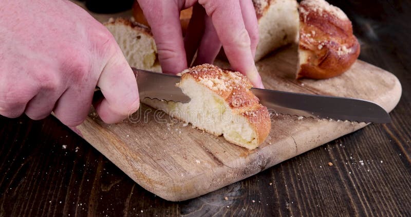 Cutting into Pieces of a Bun with Stuffing Stock Footage - Video of ...