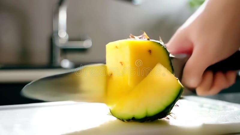 Cutting Pineapple with Sharp Knife in Kitchen Close Up View Stock ...