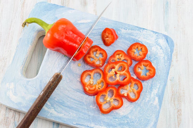 Cutting Red Pepper on a Wooden Tray Stock Image - Image of paprika ...
