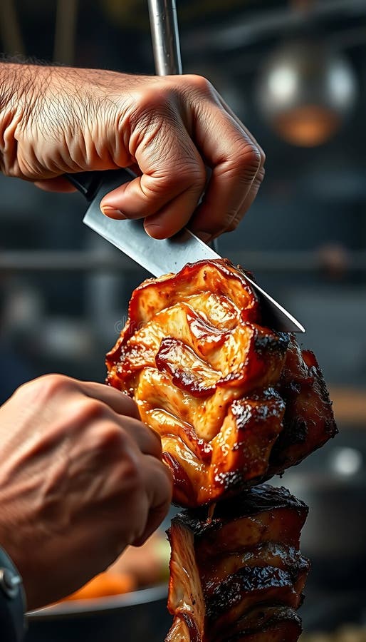 Cutting Roasted Meat on Vertical Spit with Knife for Serving Stock ...