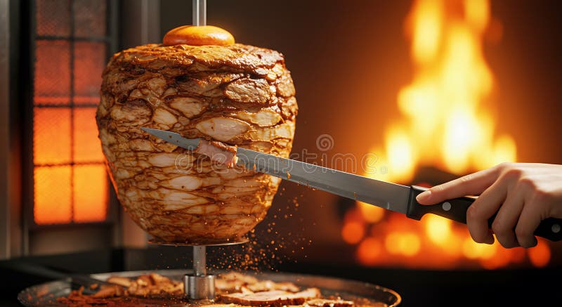 Cutting Rotating Doner Kebab Meat with Knife for Shawarma Preparation ...