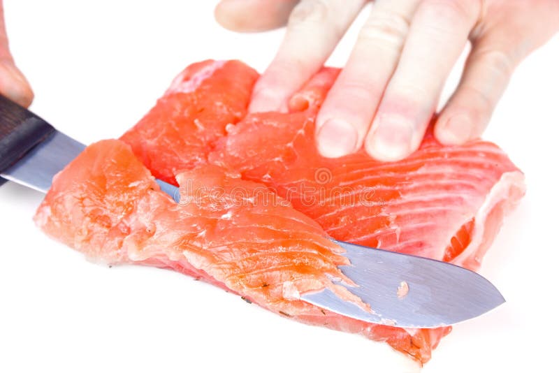 Cutting salmon fillet stock photo. Image of appetizer - 21406116