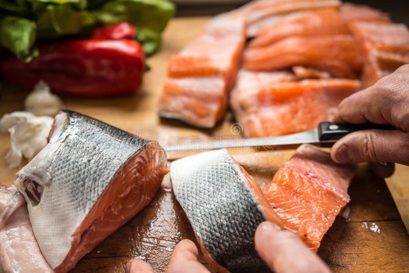 Cutting Salmon Fresh Fish for Dinner Stock Photo - Image of diet ...