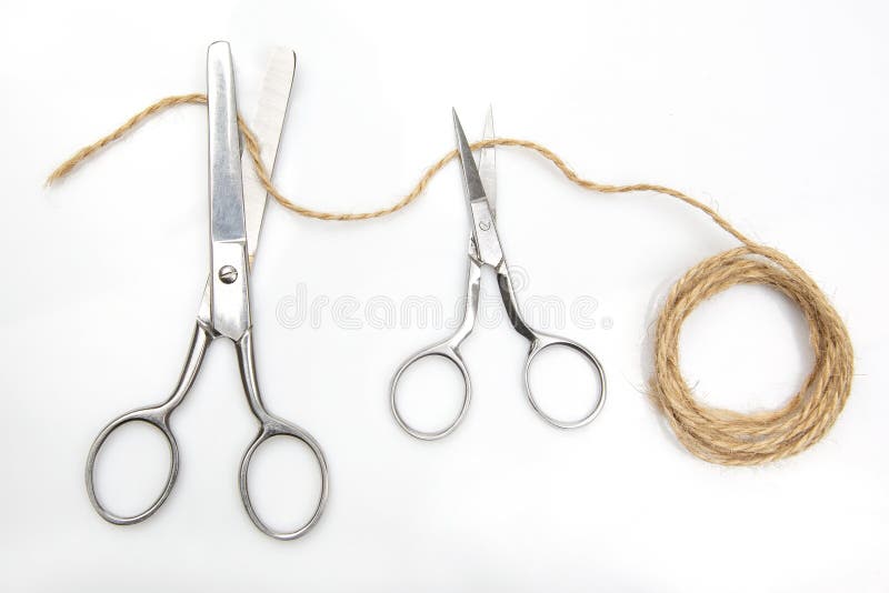 Cutting Scissors and Thread Rope Isolated on White Background Stock ...