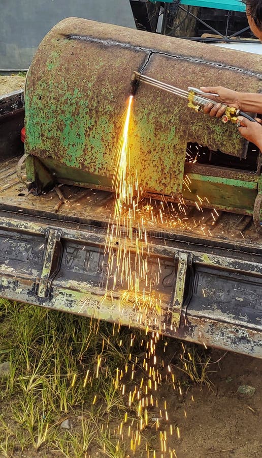 Cutting Scrap Metal with Fire Stock Image - Image of transport, asphalt ...
