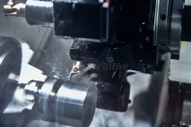 Cutting Steel Metal Shaft Processing on Lathe Machine in Workshop Stock ...