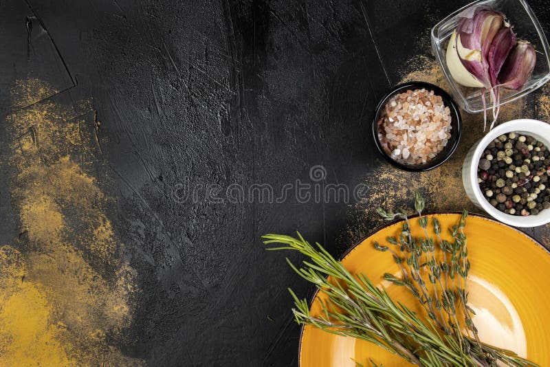 Cutting Table with Condiments and Aromatic Herbs, Top View, Copy Space ...