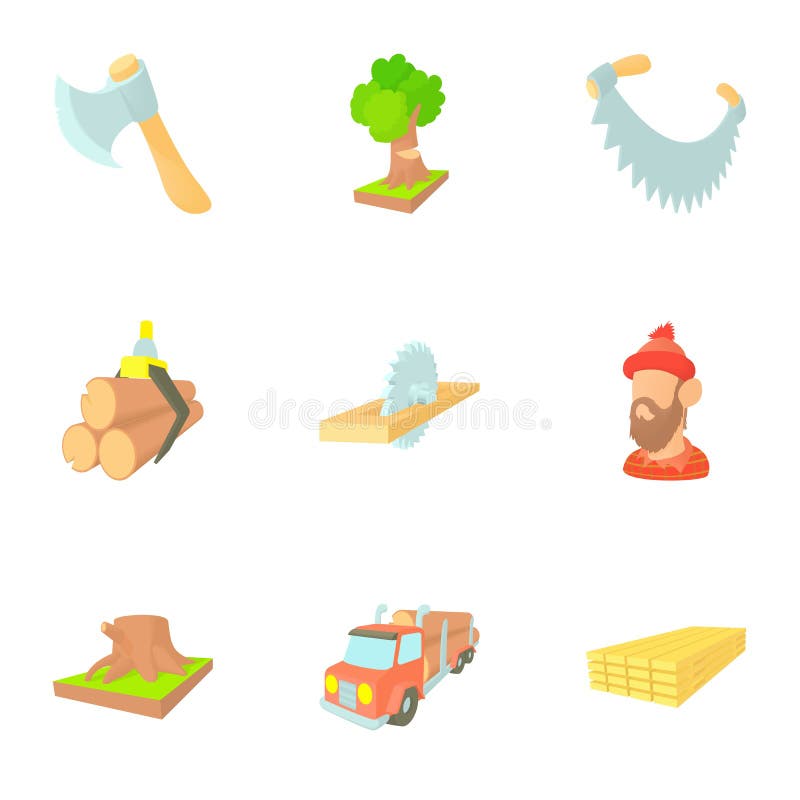 Cutting of Trees Icons Set, Cartoon Style Stock Vector - Illustration ...
