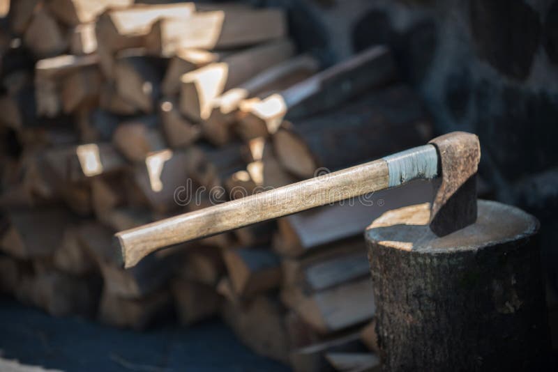 Cutting Wood with Ax, Wood for Winter Stock Image - Image of natural ...