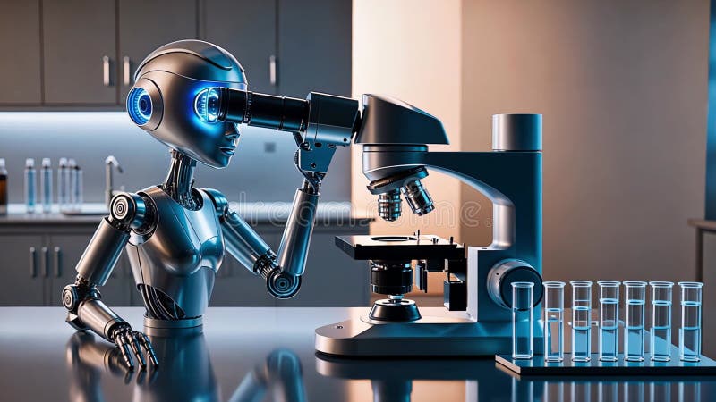 Robot Scientist Analyzing with a Microscope in a Modern Lab Stock Video ...