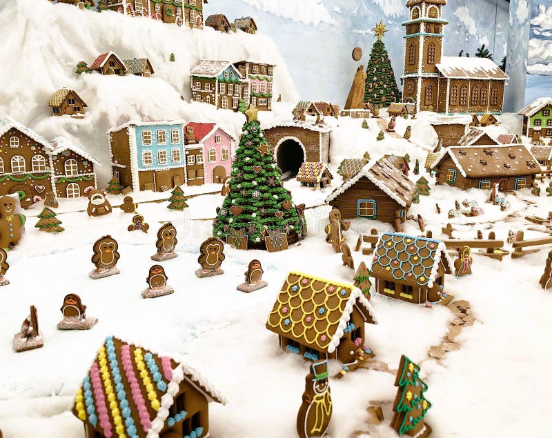 Christmas Gingerbread City in Miniature with a Christmas Tree and Cute ...
