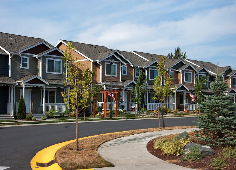 Cuved Row of Modern Townhouses Stock Image - Image of clouds, community ...