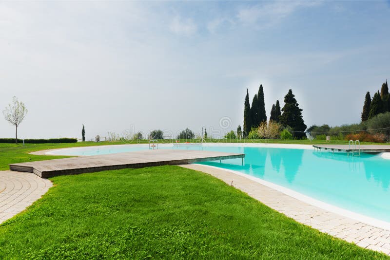 Cyan Blue Water Pool Next Grass Meadow Stock Image - Image of park ...