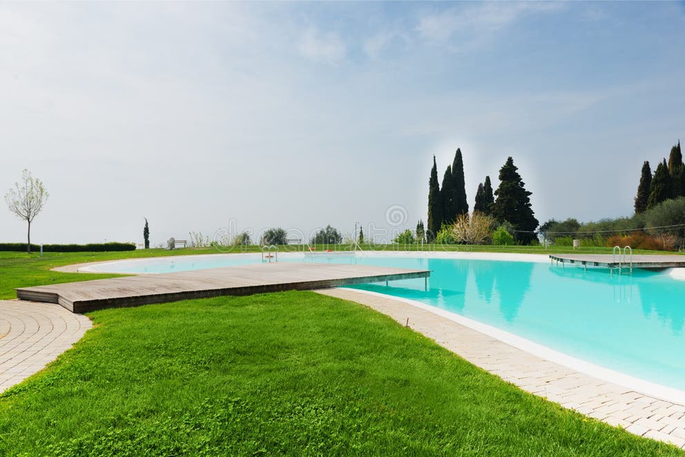 Cyan Blue Water Pool Next Grass Meadow Stock Image - Image of park ...