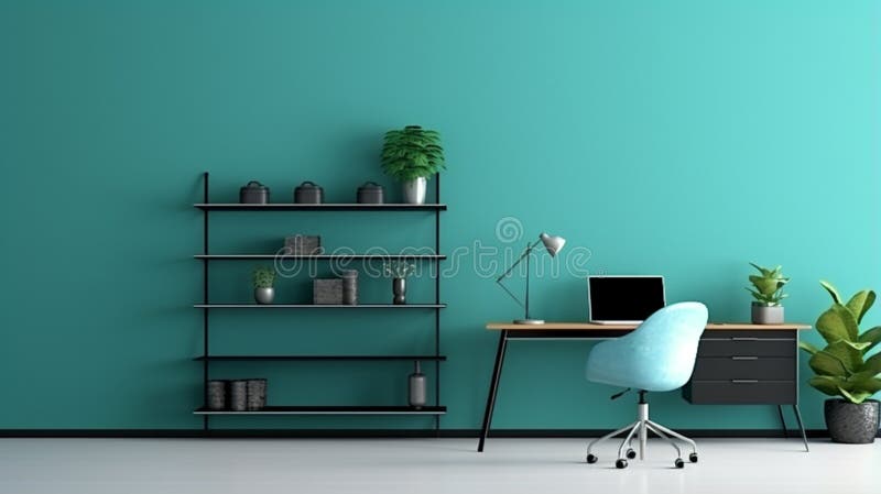 Cyan Living Room Interior with Desk and Rack. Generative Ai Stock ...