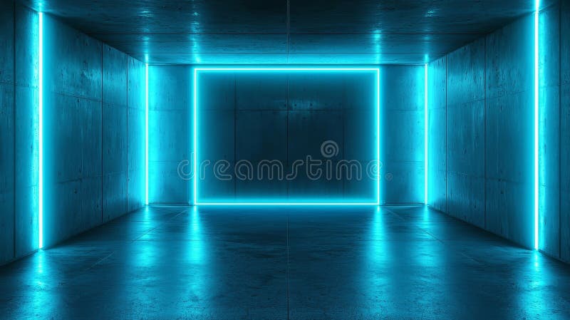 Cyan Neon Room Square Frame, Concrete Walls, 3D Render, Cyberpunk, Glow ...
