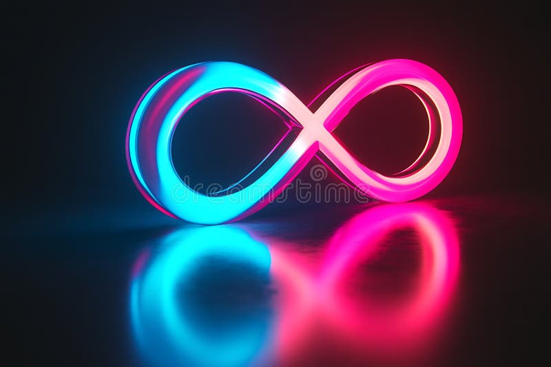 Cyan and Pink Infinity Symbol Glows on Dark Reflective Surface ...