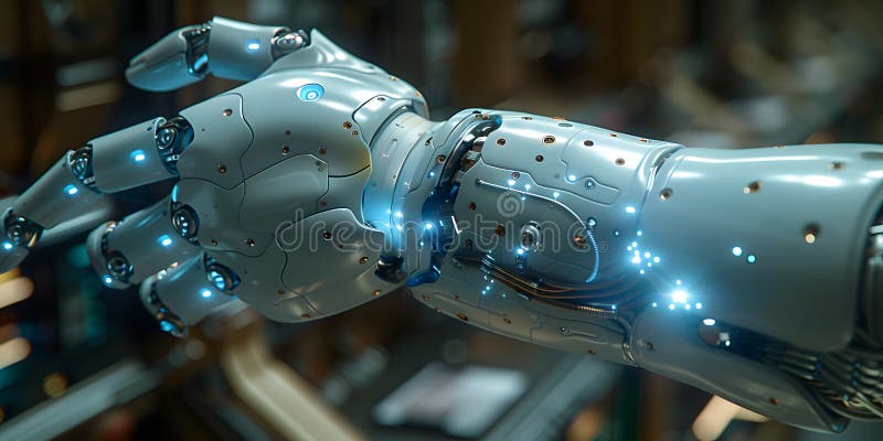 Cyan Robot Arm in Contemporary Grey Tech Environment Stock Illustration ...