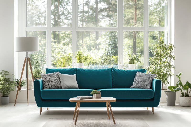 Cyan Sofa in a Modern Living Room with White Walls and Large Windows ...