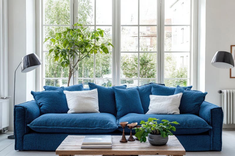 Cyan Sofa in a Modern Living Room with White Walls and Large Windows ...