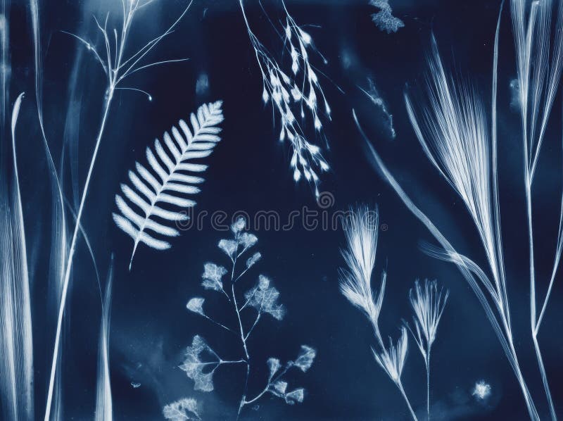 Cyanotype Artwork Characterized by White Botanical Shapes Set Against a ...
