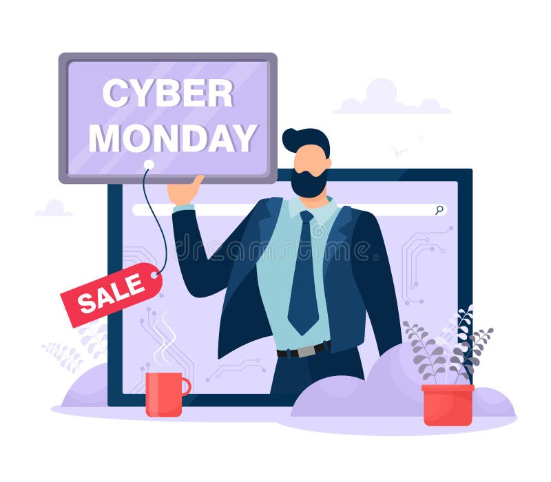 Cyber Monday Concept. a Man on a Computer Screen Speaks of Sales on ...