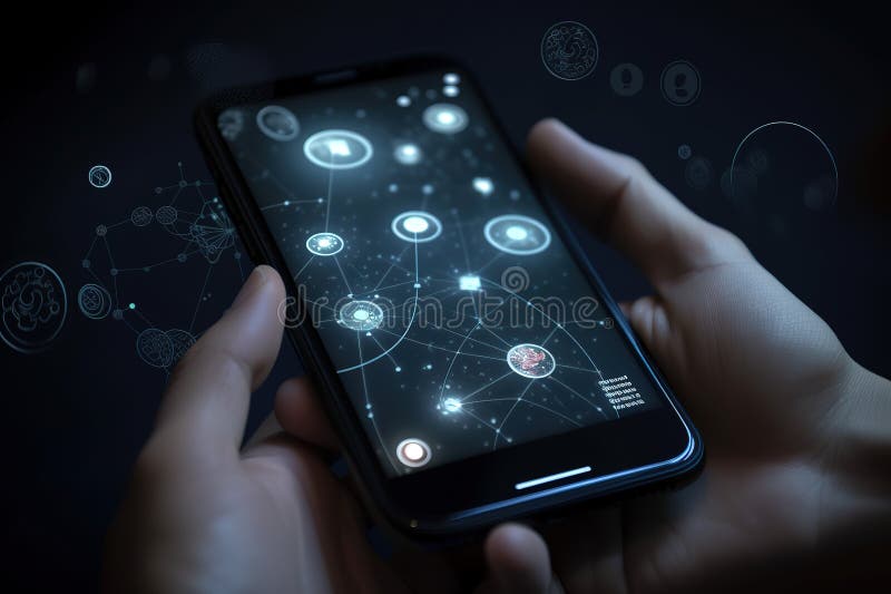 Cyber Applications Showing in a Device Held by a Human Hand. Generative ...