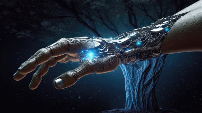 The Cyber Arm and Hand of Man Holding the Ground with the Tree ...