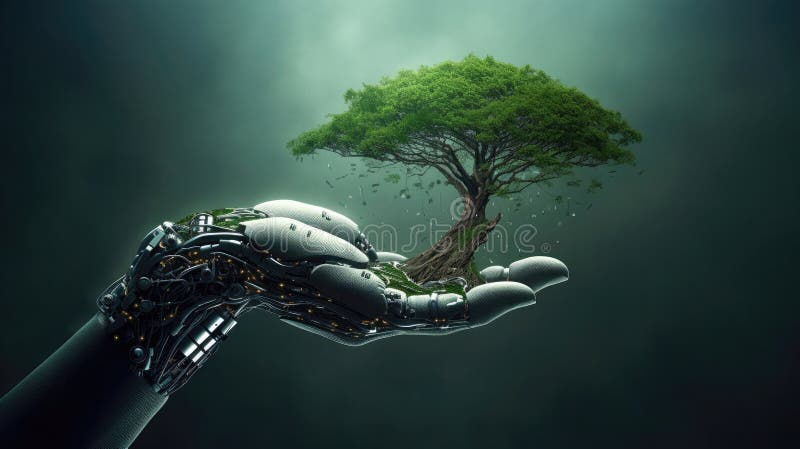 The Cyber Arm and Hand of Man Holding the Ground with the Tree ...