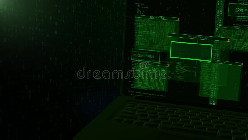 Cyber Attack and Database Hack, Computer Screen Close Up of a Hacker Attack, Code Running in a ...