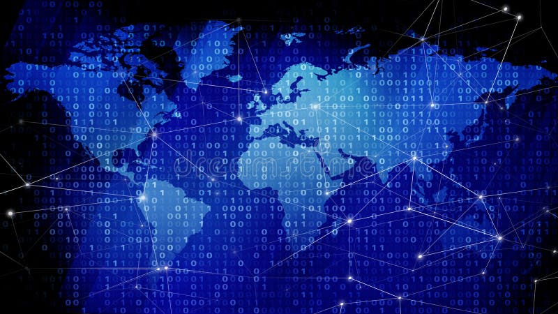 Global Communication And Map Lines Connecting Dots Of Binary Code In Digital World Of Cyber