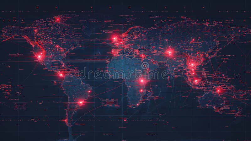 Cyber Attack Hotspots Map: Minimalist Grey World Outline, Red Pulses ...