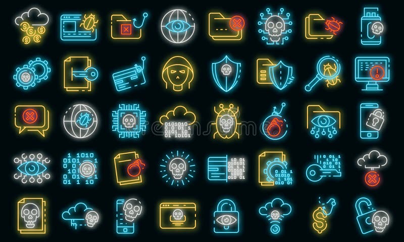 Cyber Attack Icons Set Vector Neon Stock Vector - Illustration of ...