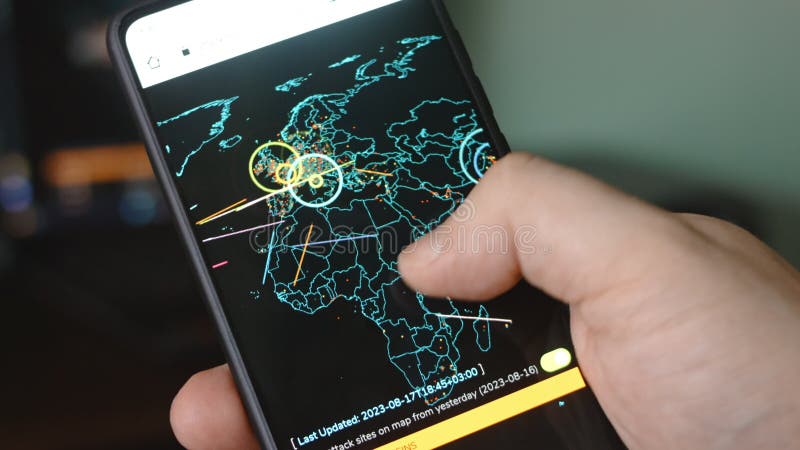 Cyber Attack Map Navigation on Smartphone. Displays Show Various Technical Information Stock ...
