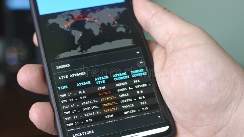 Cyber Attack Map Navigation on Smartphone. Displays Show Various ...