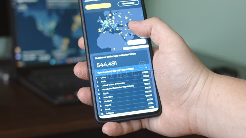 Cyber Attack Map Navigation on Smartphone. Displays Show Various ...
