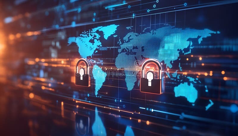 Cyber Attack Prevention. Three Locks and World Map on Background Stock ...