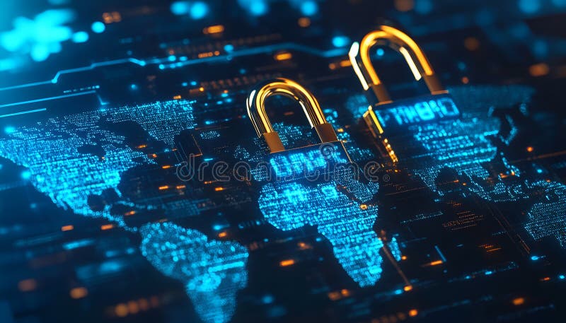 Cyber Attack Prevention. Three Locks and World Map on Background Stock ...