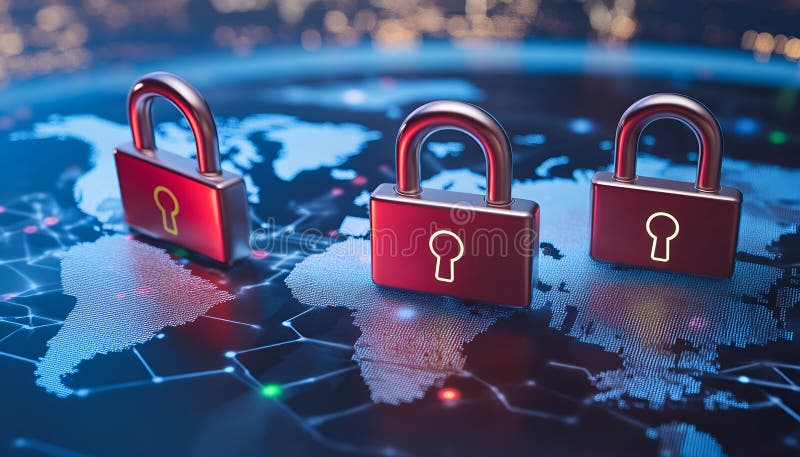 Cyber Attack Prevention. Three Locks and World Map on Background Stock ...