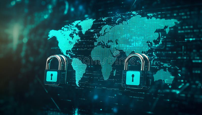 Cyber Attack Prevention. Three Locks and World Map on Background Stock ...