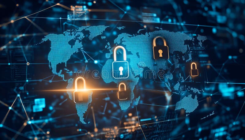 Cyber Attack Prevention. Three Locks and World Map on Background Stock ...
