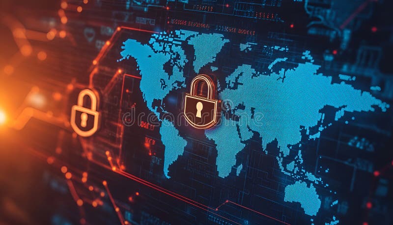 Cyber Attack Prevention. Three Locks and World Map on Background Stock ...