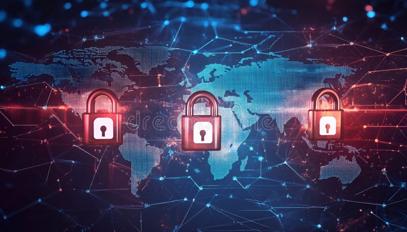Cyber Attack Prevention. Three Locks and World Map on Background Stock ...